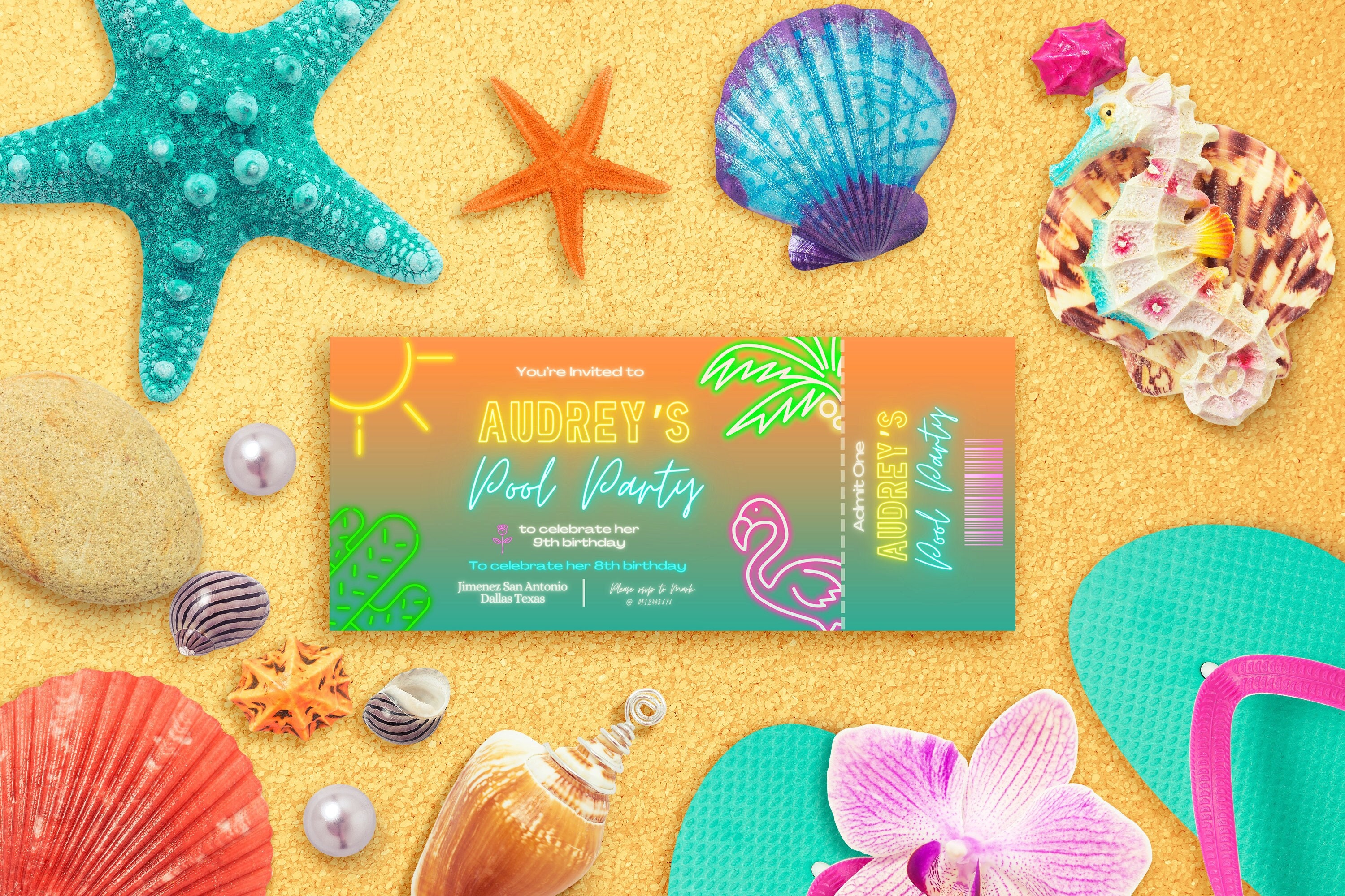 Pool Party Neon Digital Ticket Editable Birthday Invitation - Etsy