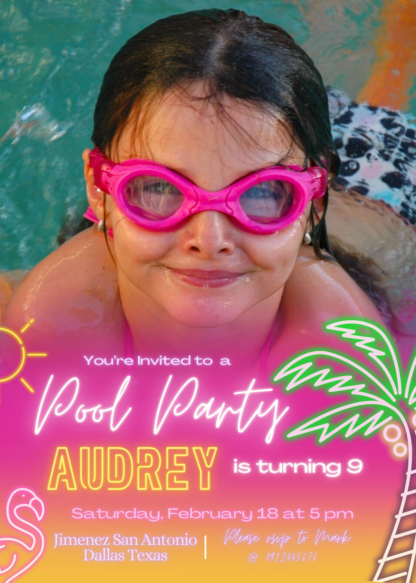 Pool Party Pink Neon Invitation With Picture Minimalist Digital ...