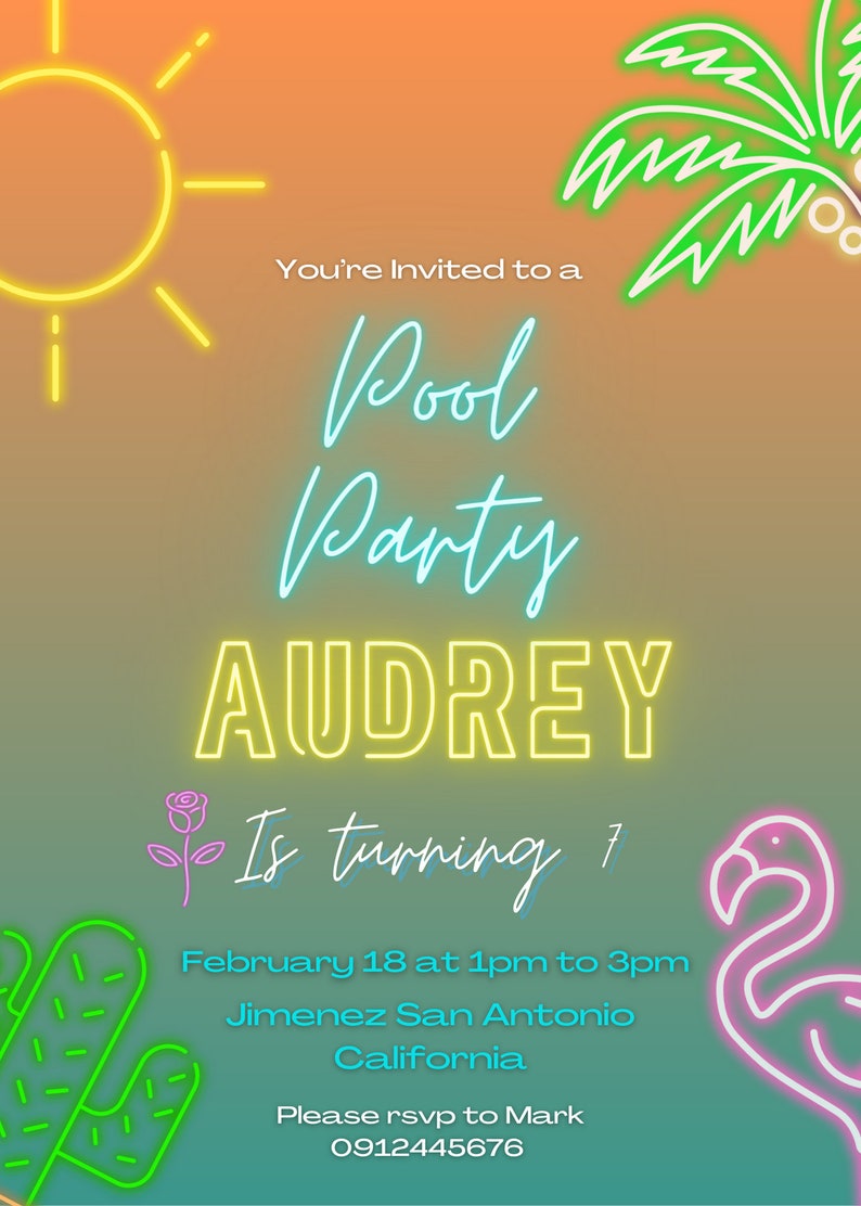 Pool Party Neon Invitation Canva Template - Etsy