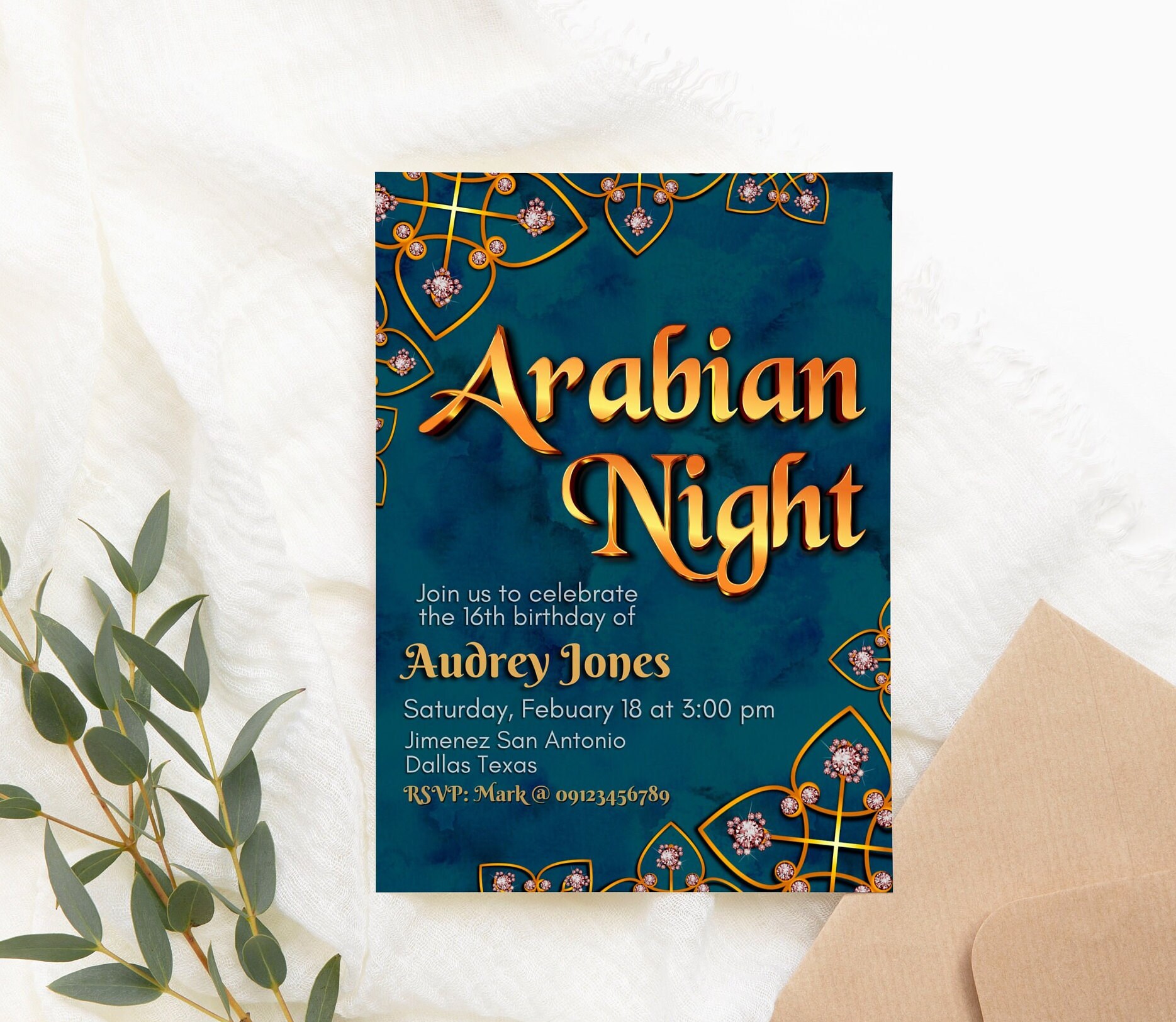 Arabian Nights - Teal - Turquoise - Digital Editable Invitation Canva ...