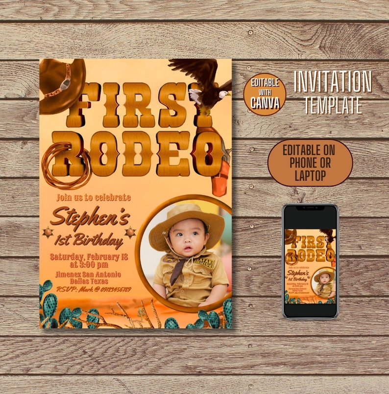 First Rodeo Cowboy Boy 1st Birthday Digital Editable Invitation With ...
