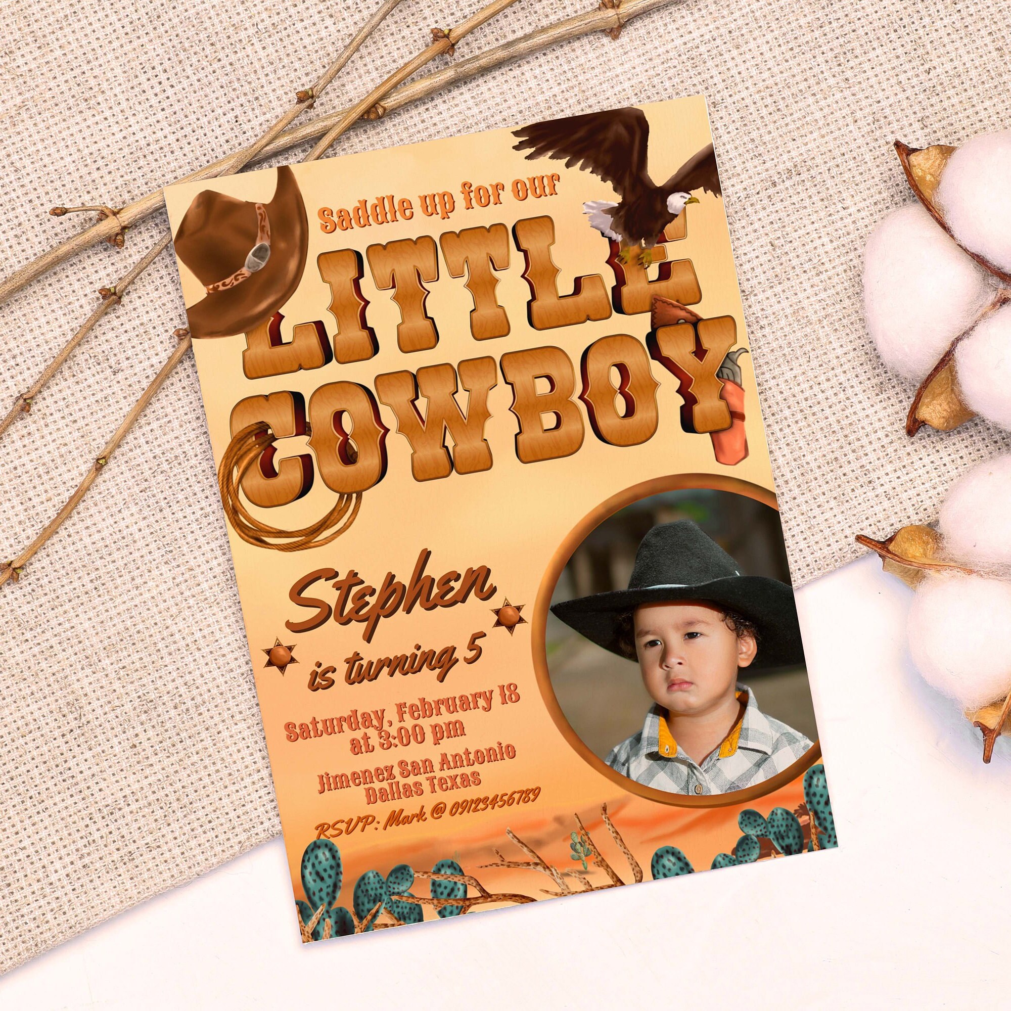 Little Cowboy Rodeo Boy Birthday Digital Editable Invitation With Photo ...