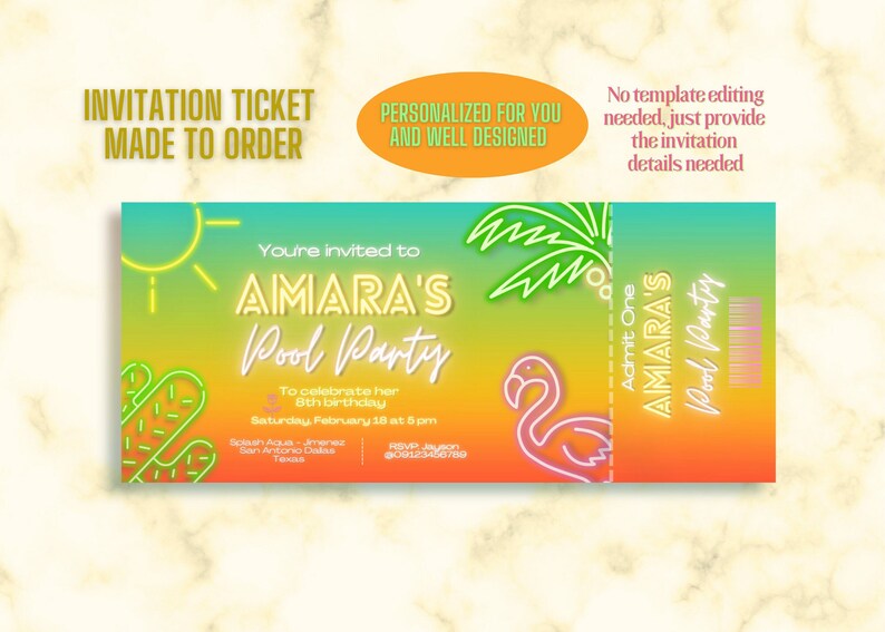 Pool Party Neon Digital Ticket Birthday Invitation Template Summer ...