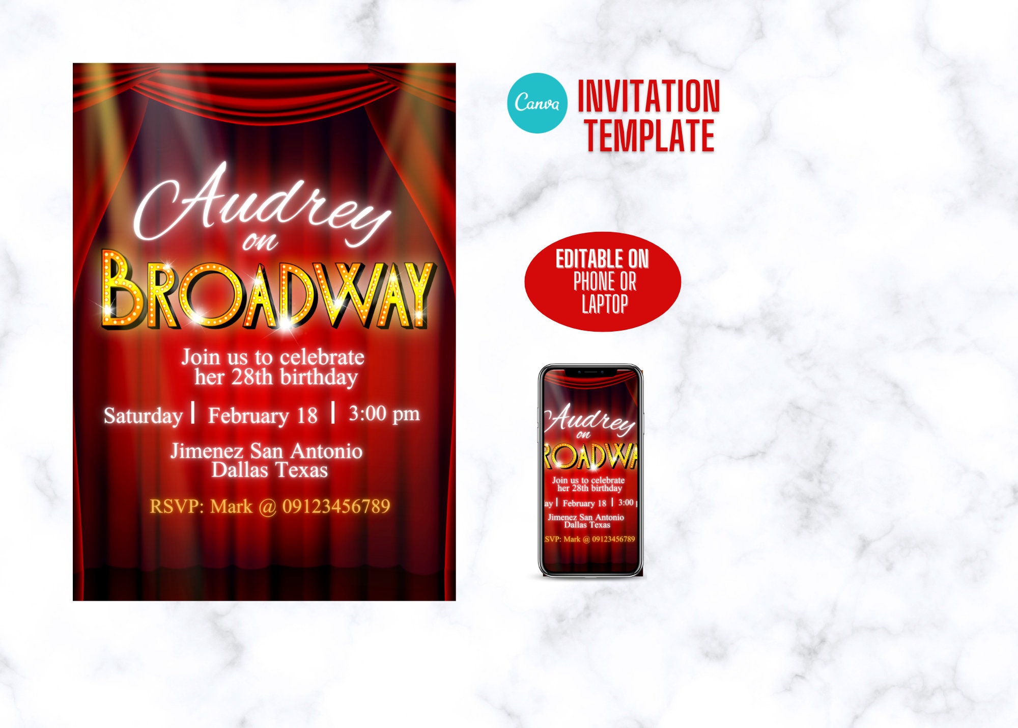 Broadway Theater Digital Invitation Canva Template - Etsy