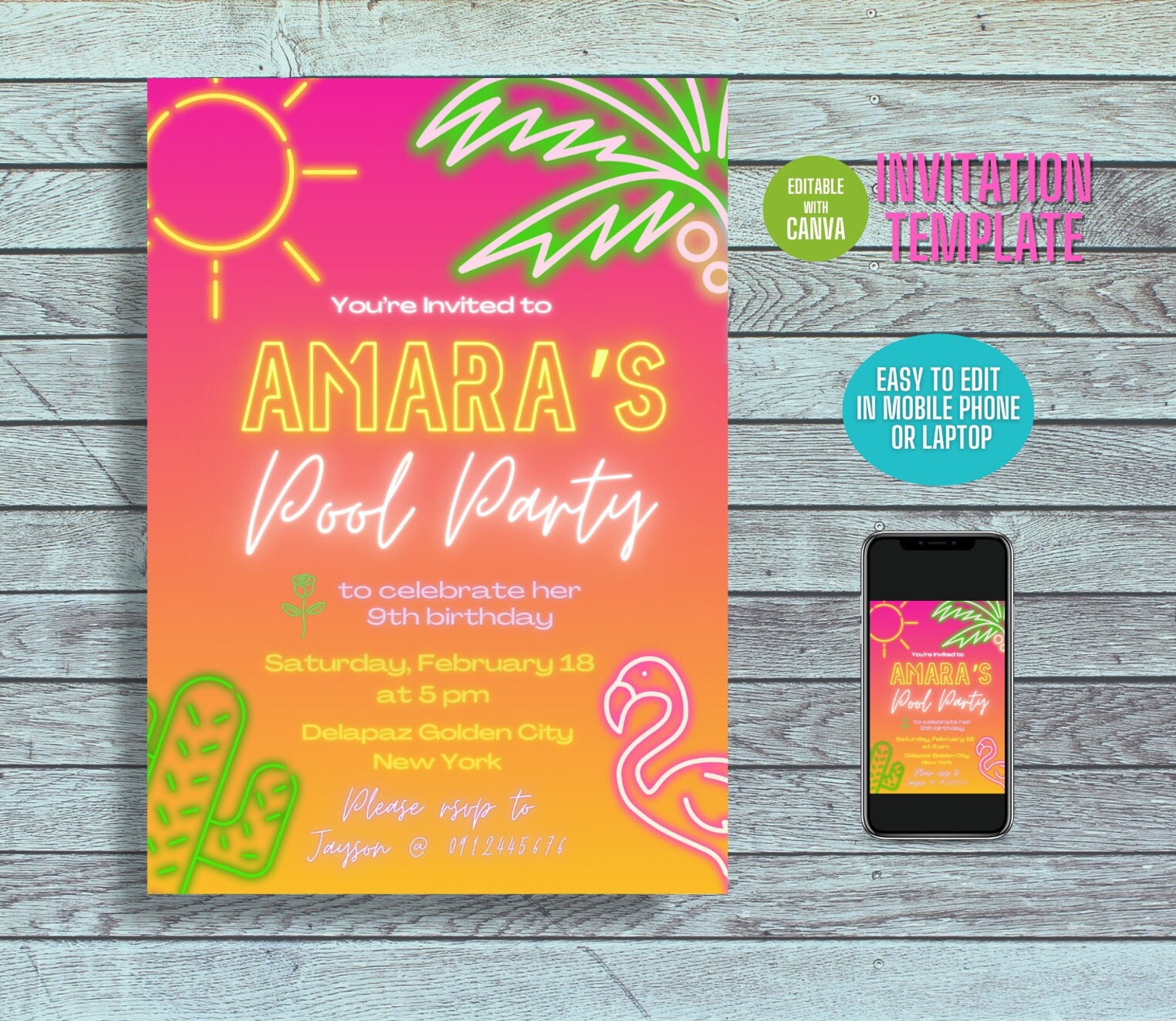 Pool Party Neon Pink Invitation Canva Template - Etsy