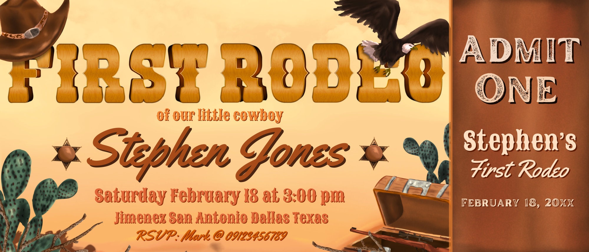 First Rodeo Cowboy Boy 1st Birthday Digital Editable Ticket Invitation ...