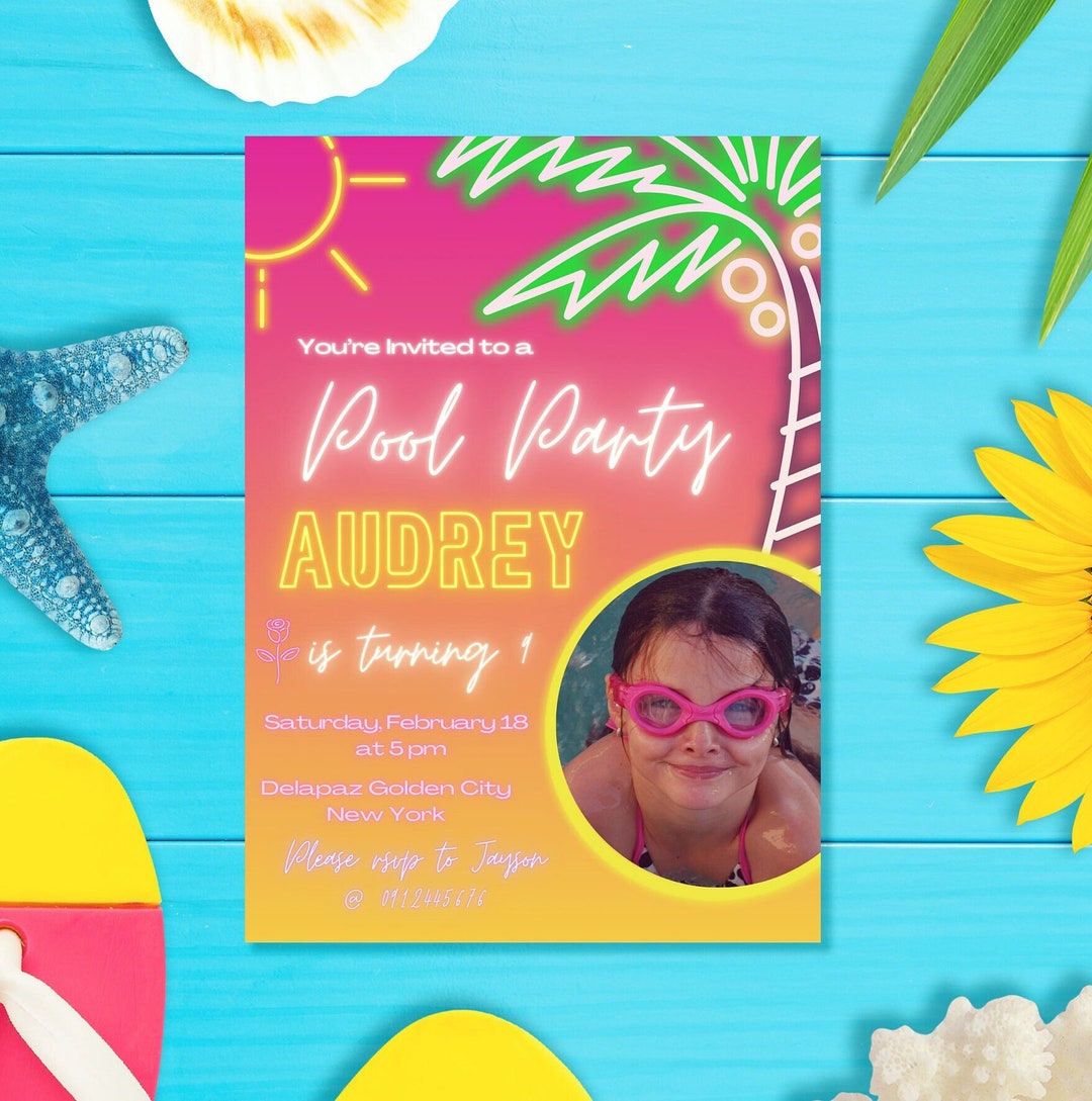 Pool Party Pink Neon With Picture Digital Editable Invitation Portrait ...