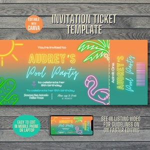 Pool Party Neon Digital Ticket Editable Birthday Invitation Canva ...