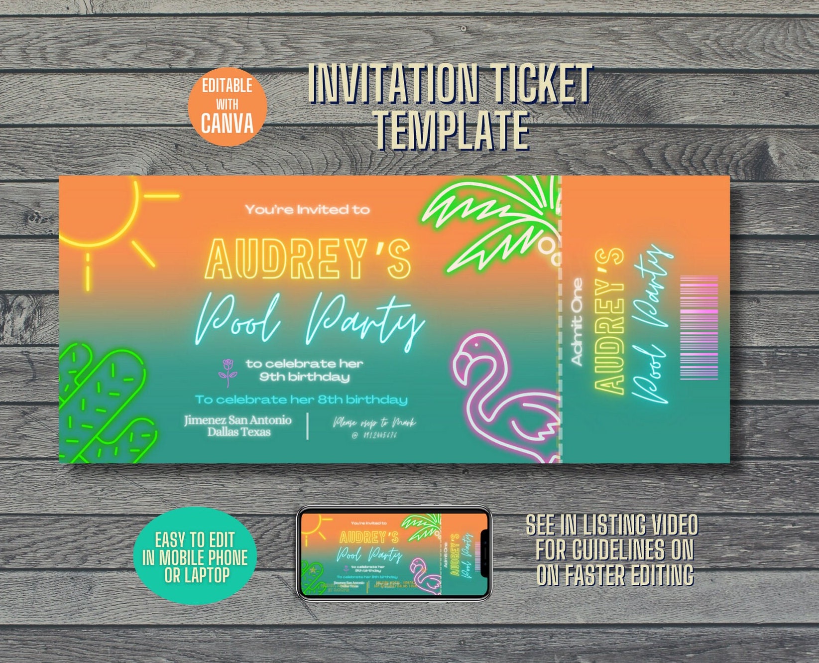 Pool Party Neon Digital Ticket Editable Birthday Invitation Canva ...