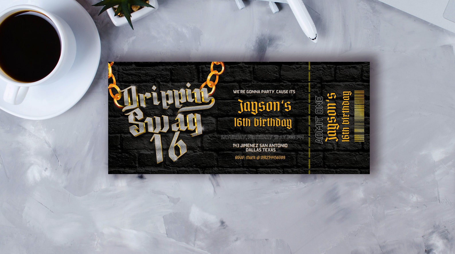 Drippin Swag 16 Boy 16th Birthday Hiphop Theme Digital Editable Ticket ...
