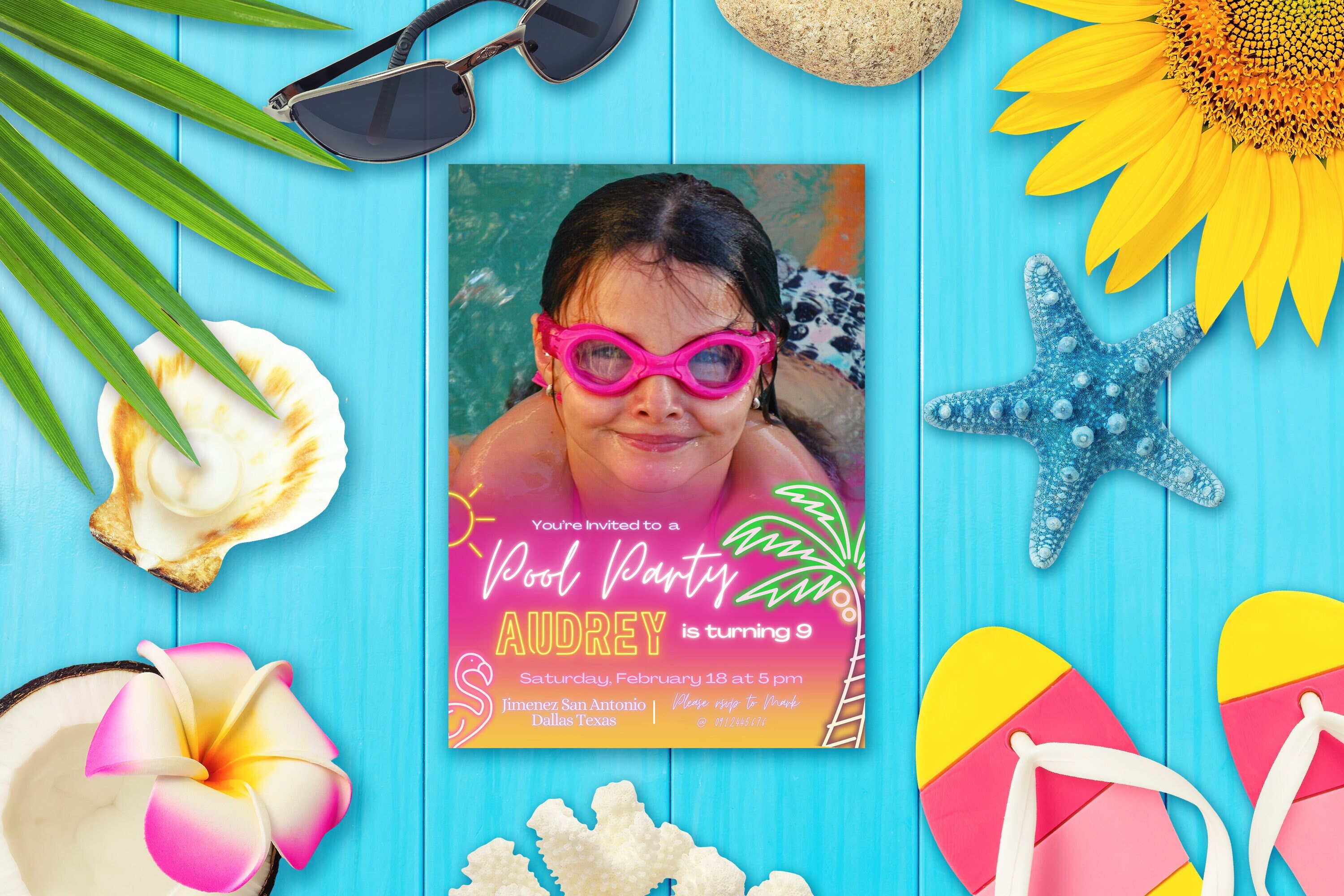 Pool Party Pink Neon Invitation With Picture Minimalist Digital ...