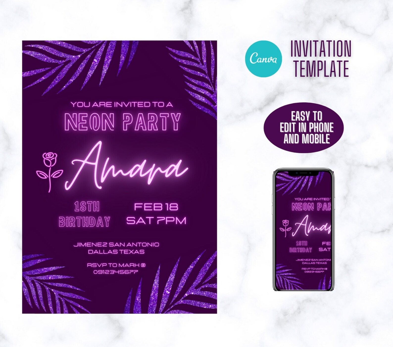 Neon Party Invitation Canva Template - Etsy