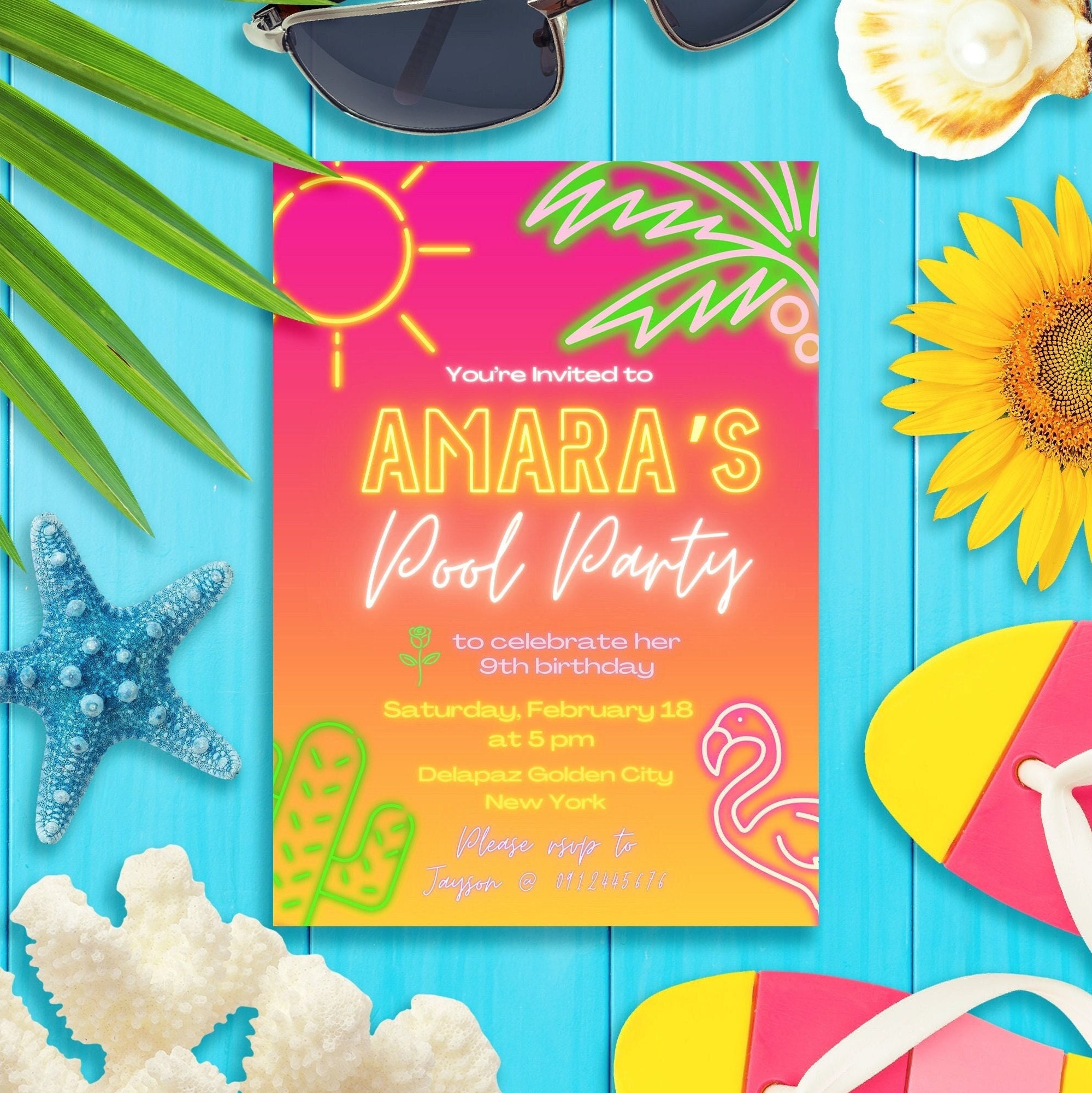 Pool Party Neon Pink Invitation Canva Template - Etsy