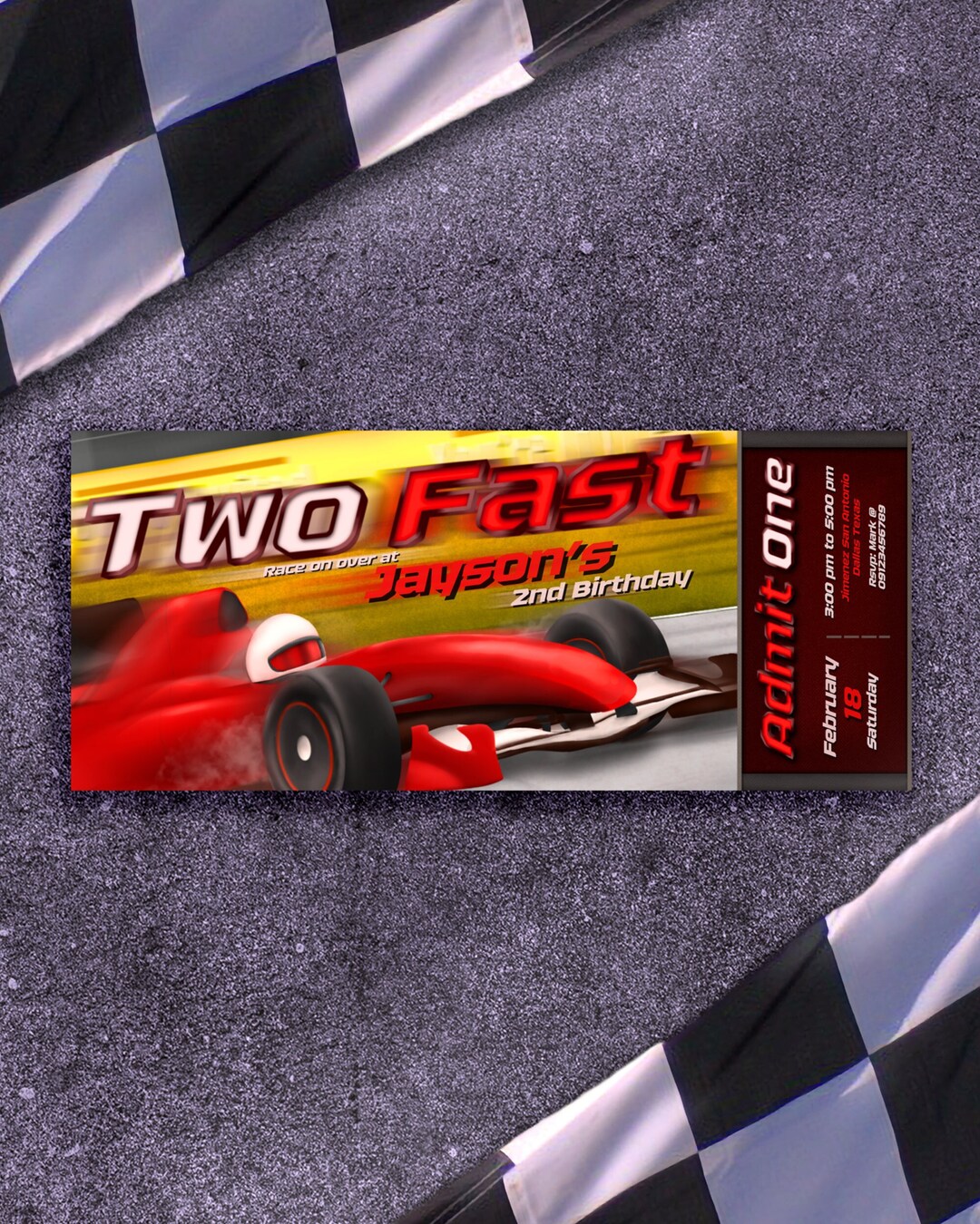 Two Fast - Racing - Car - Digital Editable Boy 2nd Birthday Ticket ...