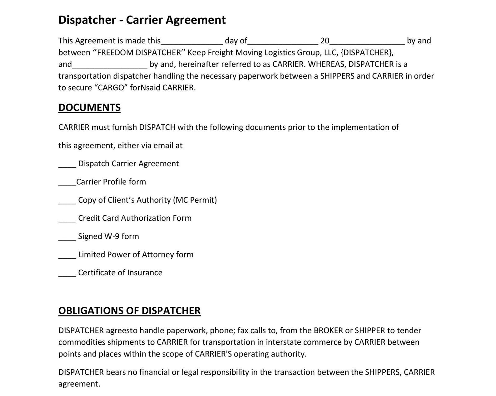 Freight Dispatch Carrier Contract - Freight Dispatcher Contract - Dispatcher Carrier Packet ...