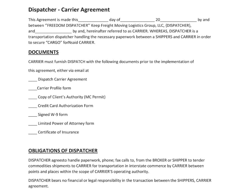 Freight Dispatch Carrier Contract - Freight Dispatcher Contract ...
