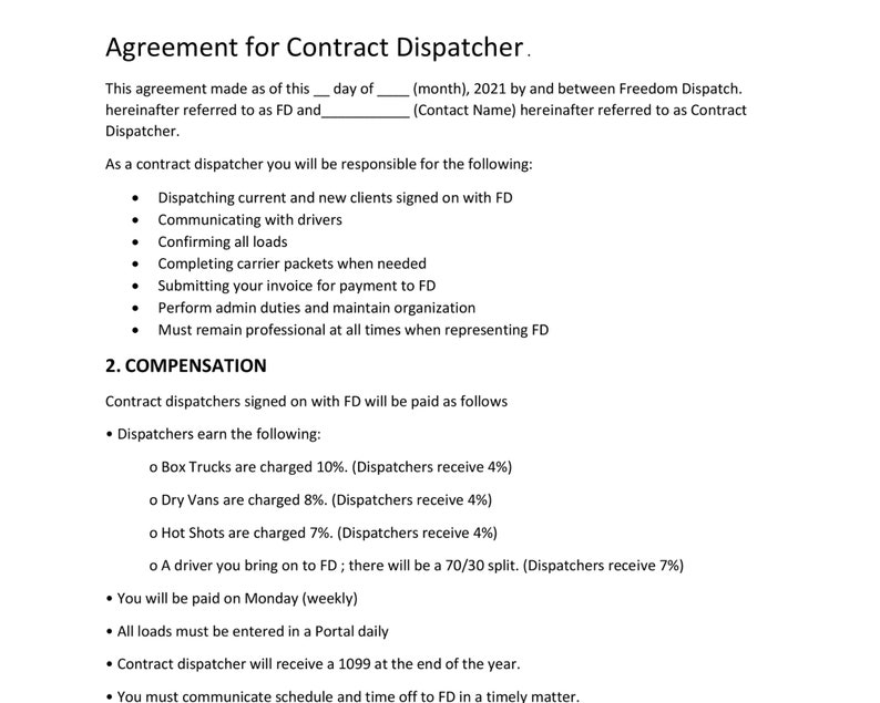 Dispatcher and Carrier Agreement, Freight Dispatcher Contract ...