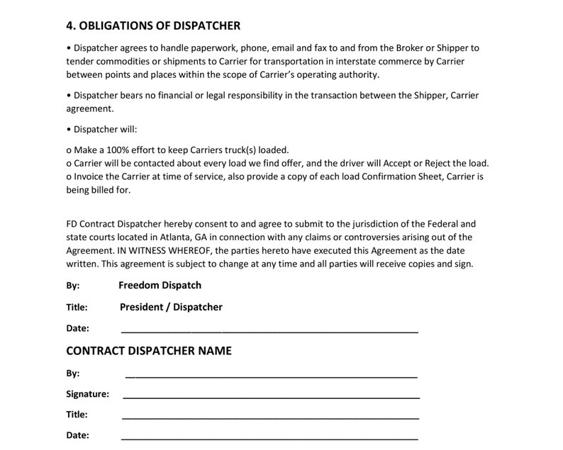 Dispatcher and Carrier Agreement, Freight Dispatcher Contract ...