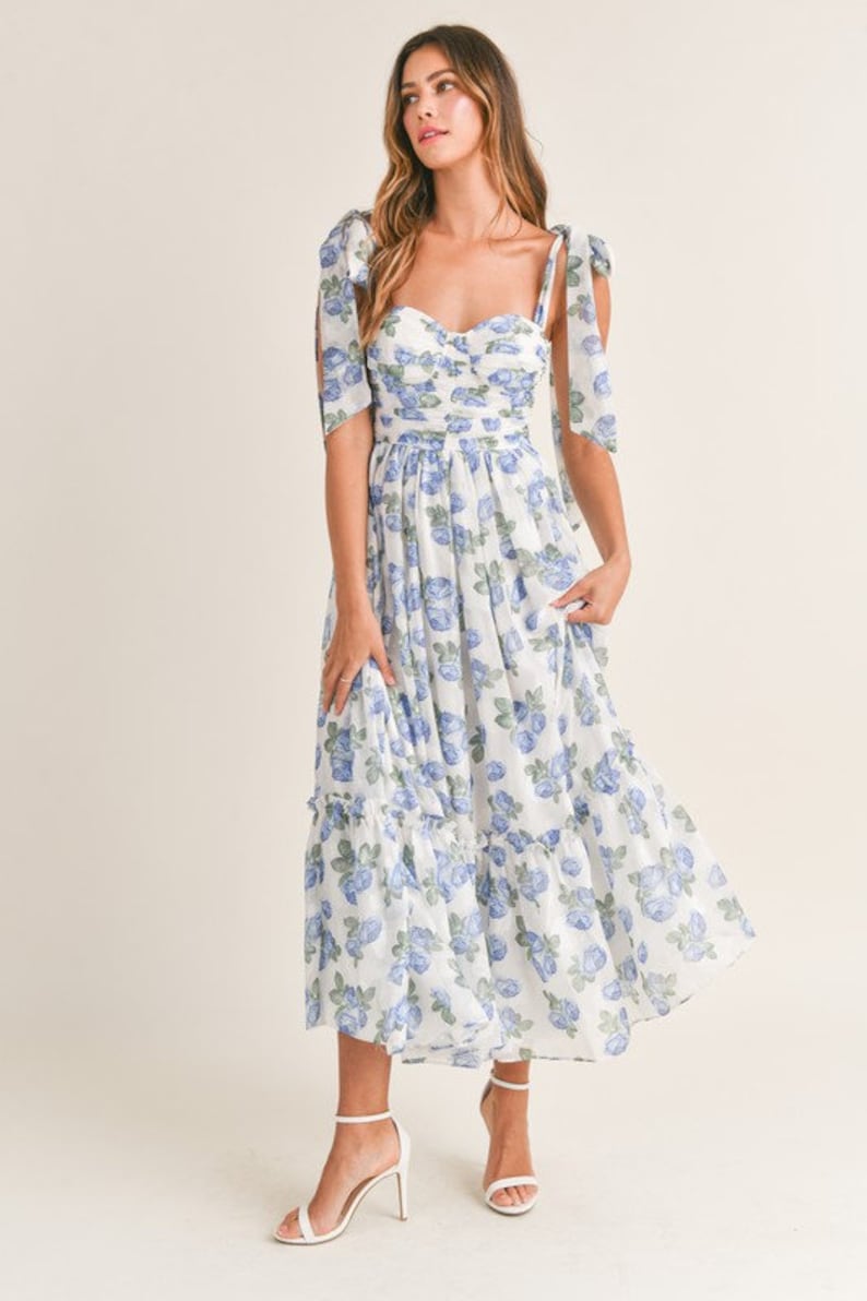Blue & White Floral Print Ruched Bust Shoulder Tie Midi Dress Wedding ...