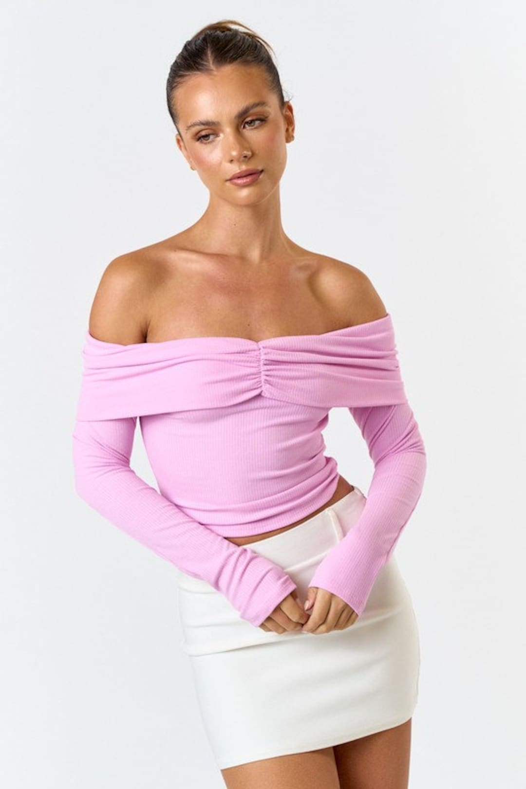 Light Pink off Shoulder Long Sleeve Sweater Top Women's Long Sleeve ...