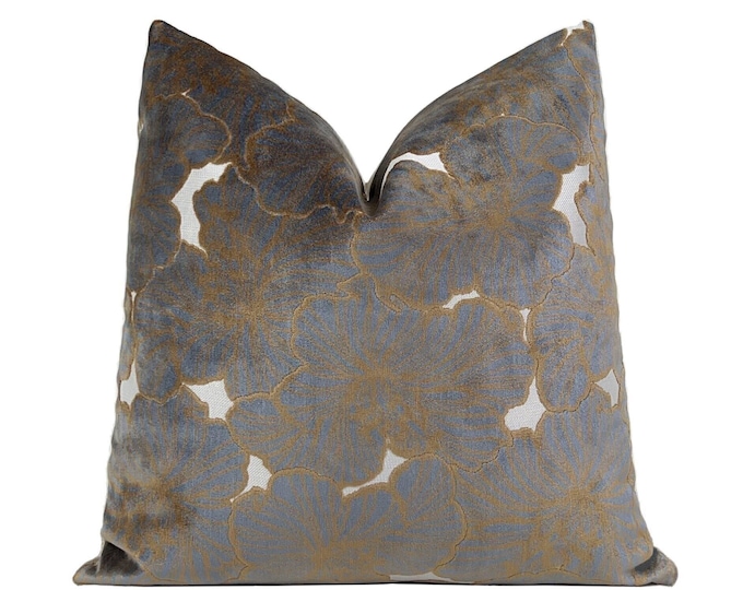Chloe Cut Velvet Throw Pillow Cover, Gray Copper Alabaster Floral ...