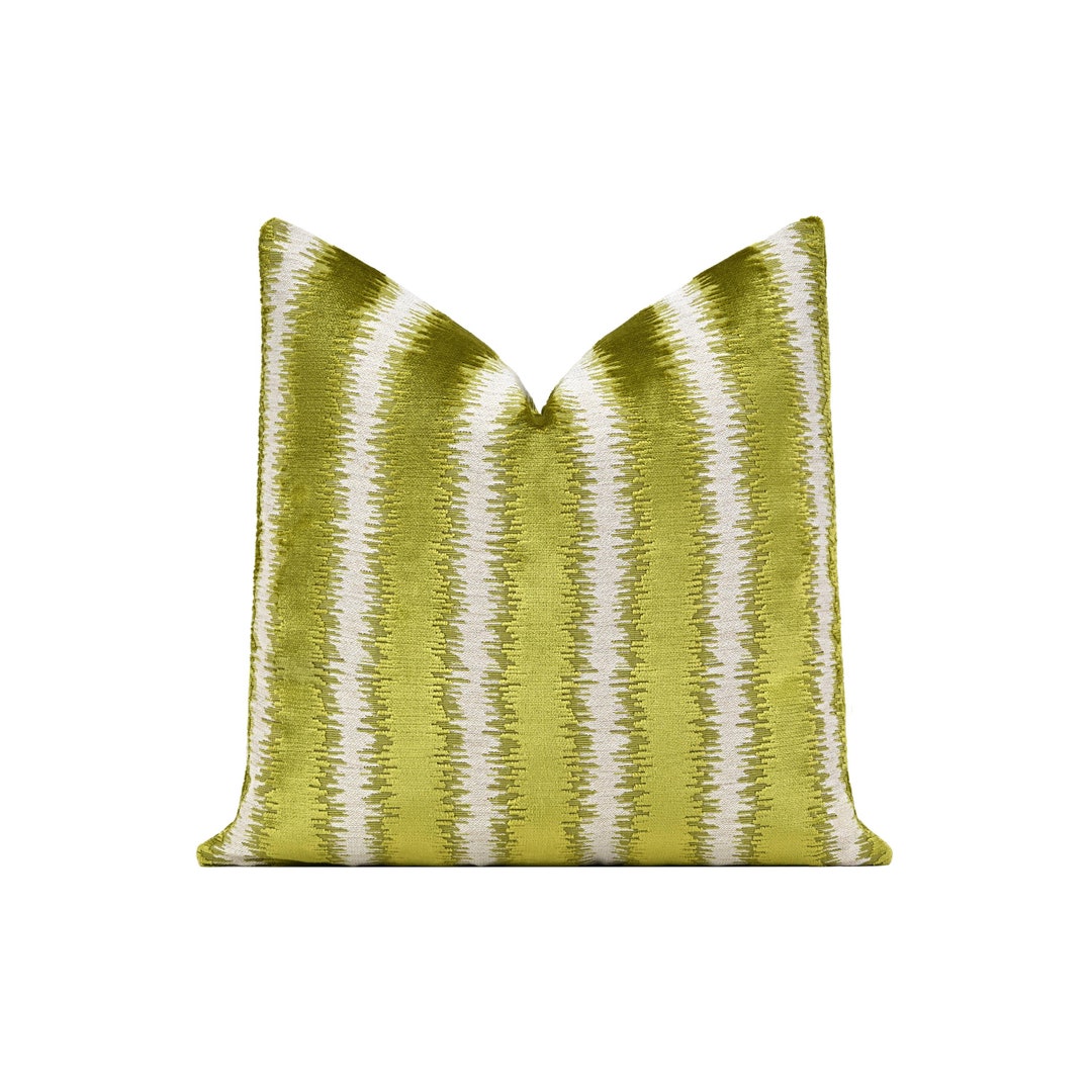 Chartreuse Green Stripe Cut Velvet Pillow Cover, Designer Velvet Pillow ...