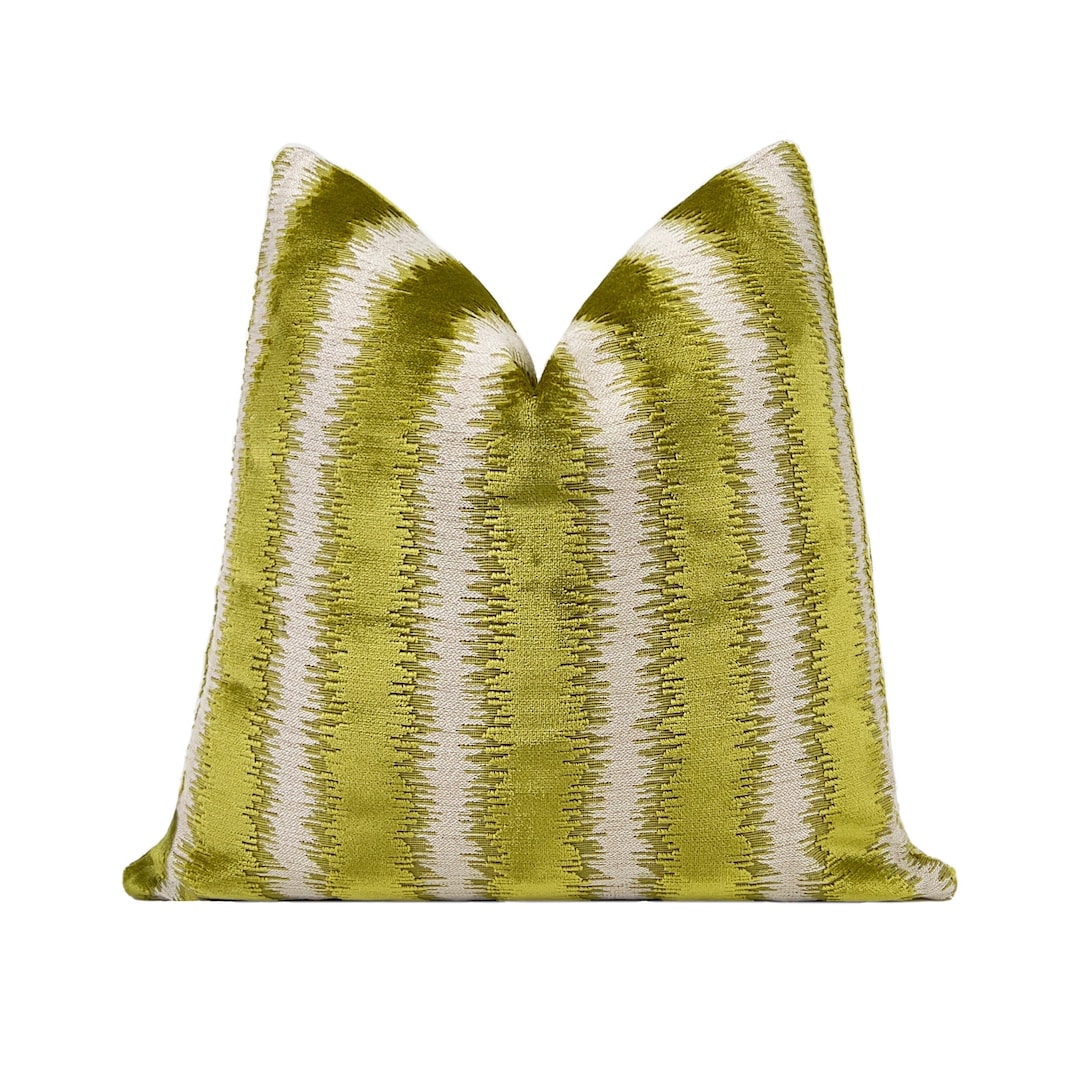 Chartreuse Green Stripe Cut Velvet Pillow Cover, Designer Velvet Pillow ...