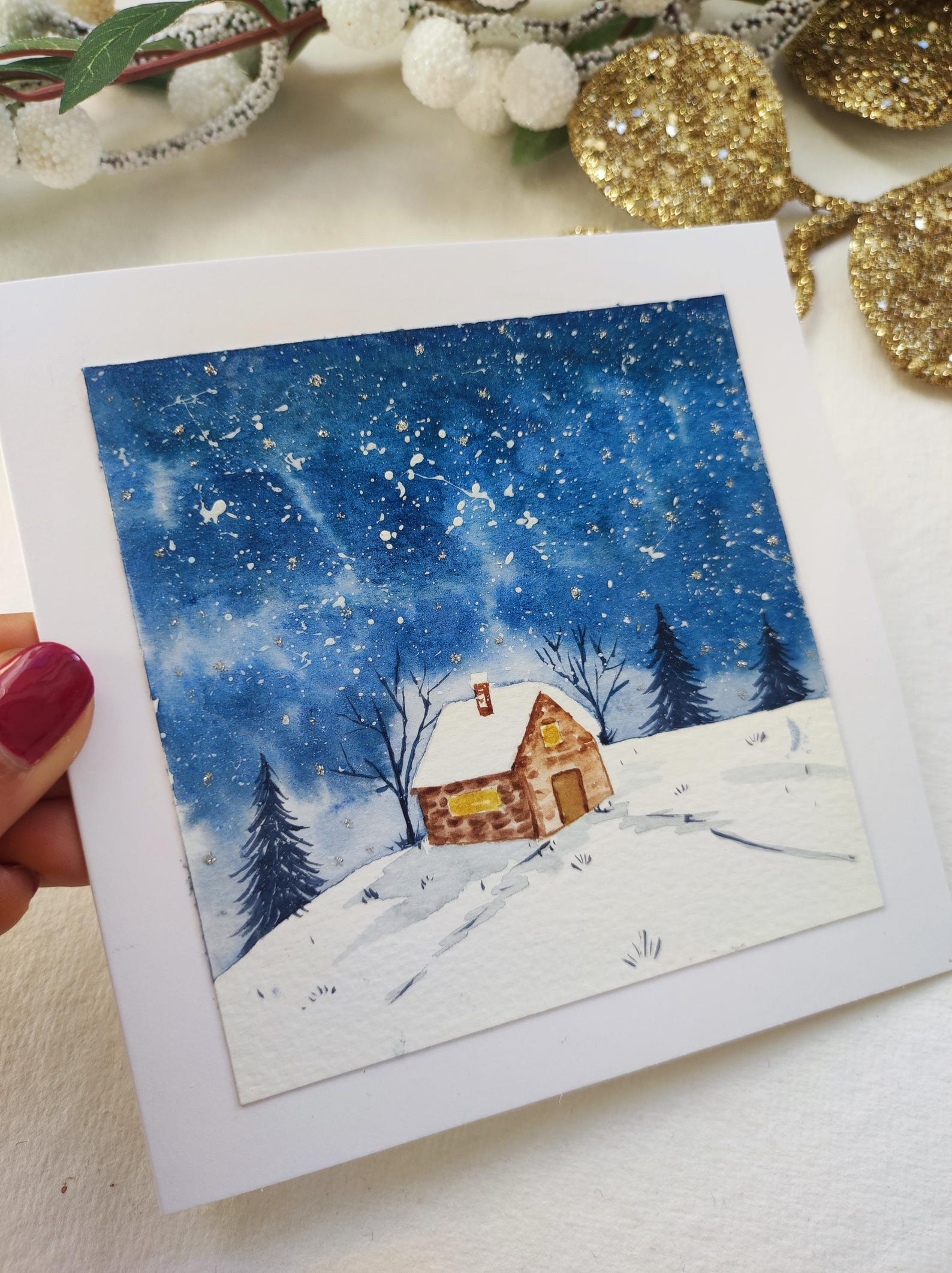 Hand-painted Watercolor Christmas Card: Winter Night Landscape ...