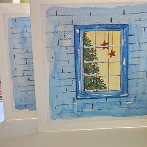 Hand-painted Christmas Card: Blue Window, Original Watercolor Art - Etsy