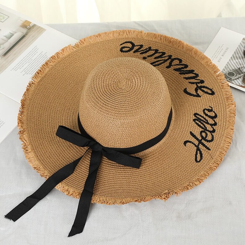 Wide Brim Straw Hat With Black Ribbon Hello Sunshine Floppy - Etsy