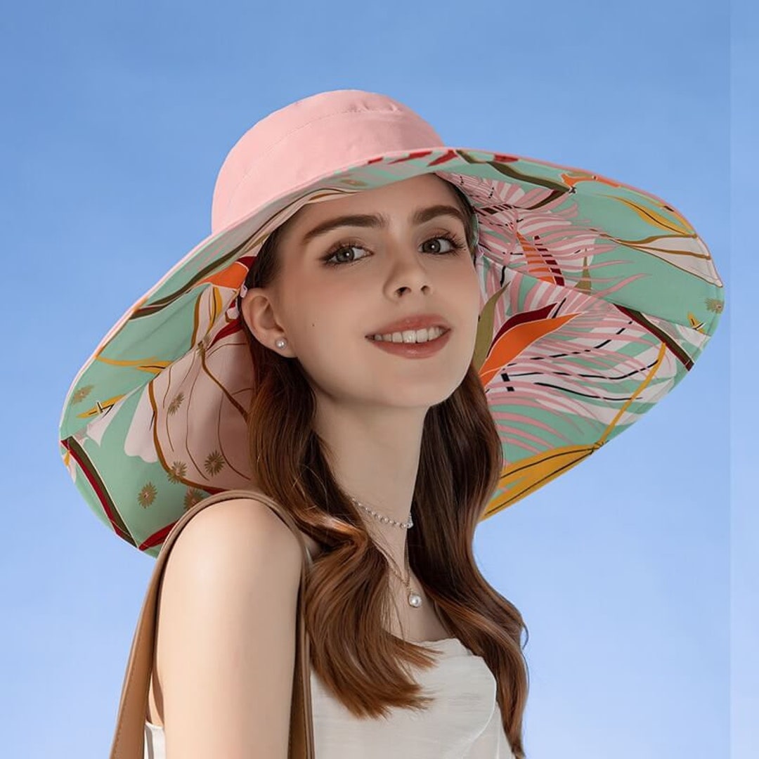 Women's Reversible Plain and Printed Wide Brim Cotton Sun Hat, Summer ...