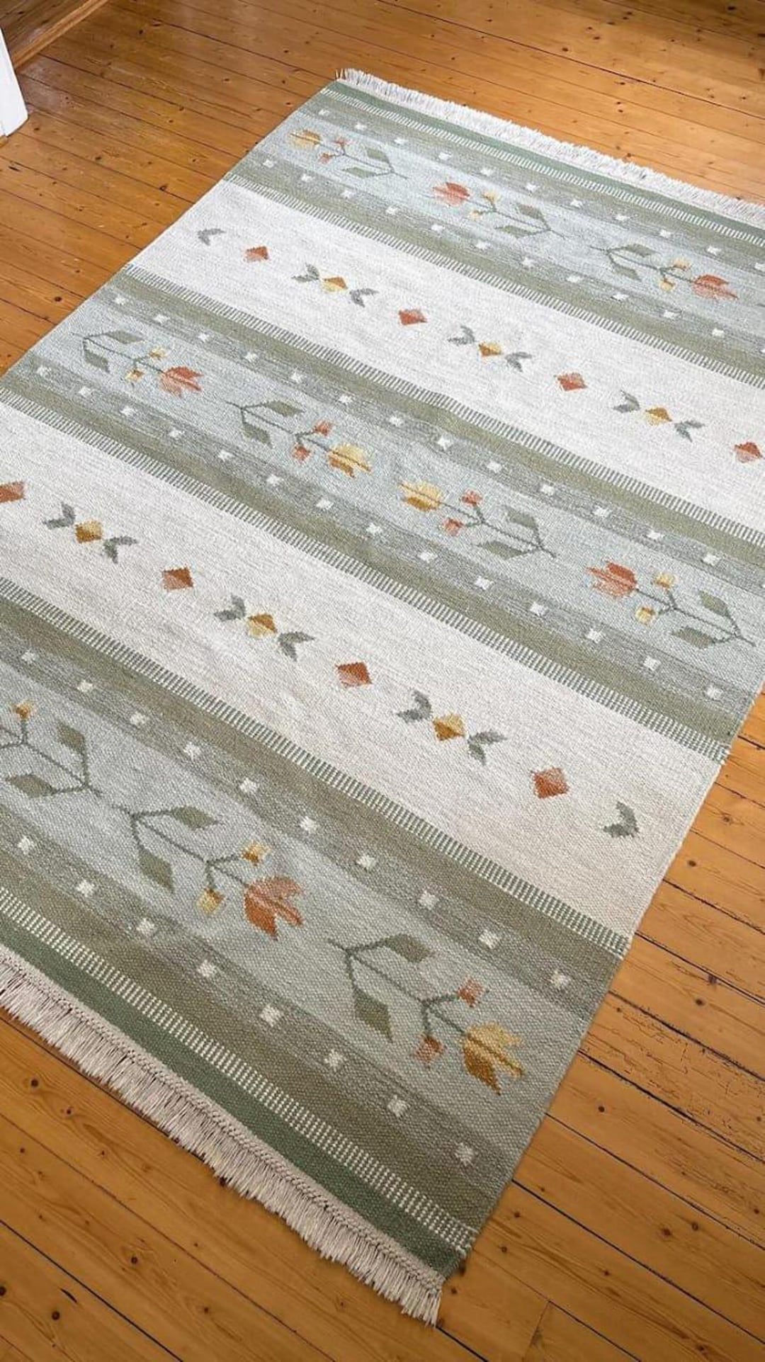Vintage Swedish Röllakan Rug: Handwoven Wool Tulip Carpet, Nordic Folk ...