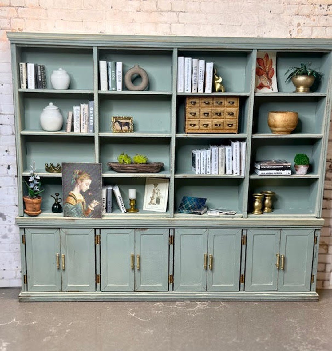Miniature Library, Distressed Sage, Scale 1:12, Wood Dollhouse ...