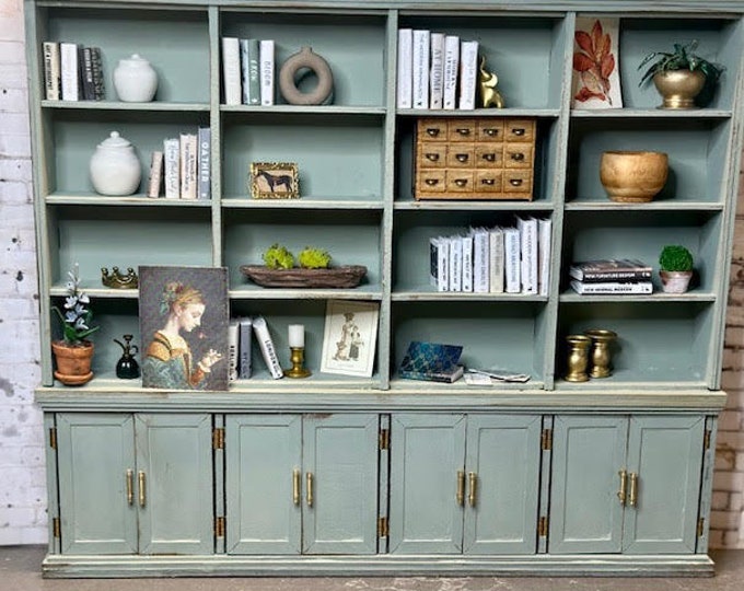 Miniature Library, Distressed Sage, Scale 1:12, Wood Dollhouse Furniture, Custom Gold Handles ...
