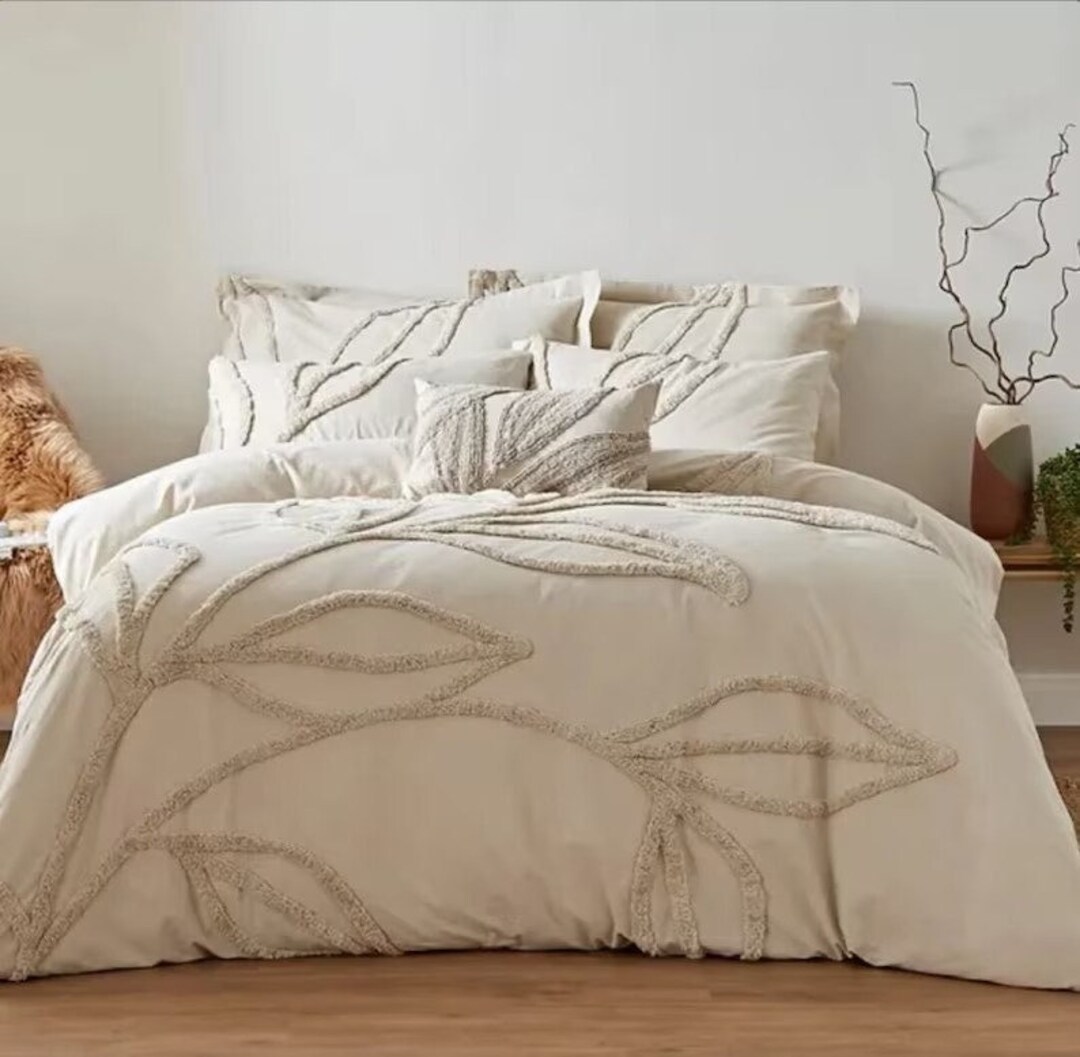 3 Piece Tufted Leaf Ivory Duvet Cover Set, Boho Cotton Duvet Cover ...