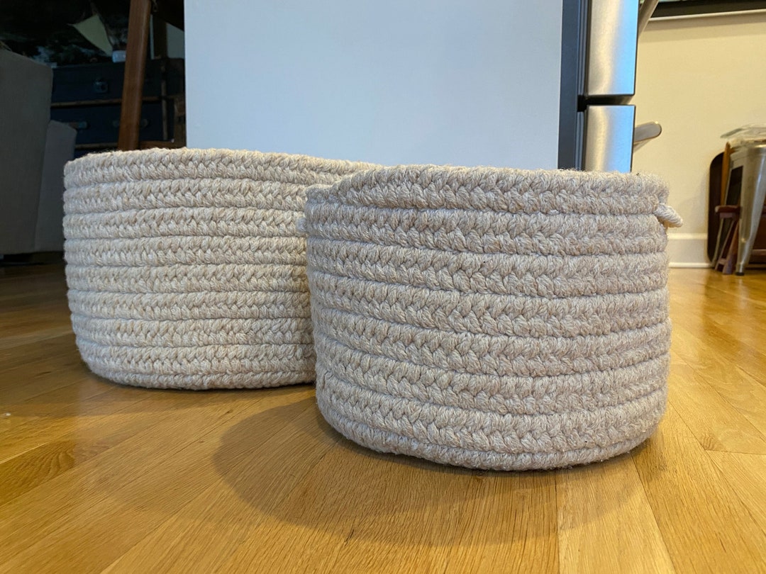 Two Large High Quality Soft Form Woven Fabric Round Storage Basket Bins ...