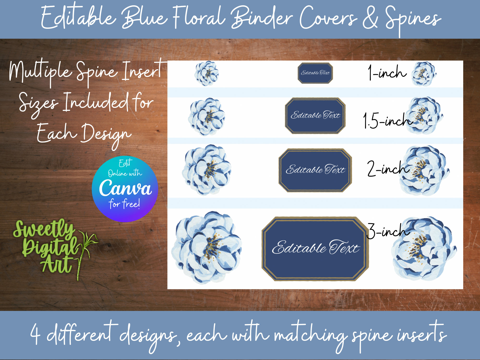 4 Custom Blue Floral Binder Cover & Spine Inserts for Teachers ...