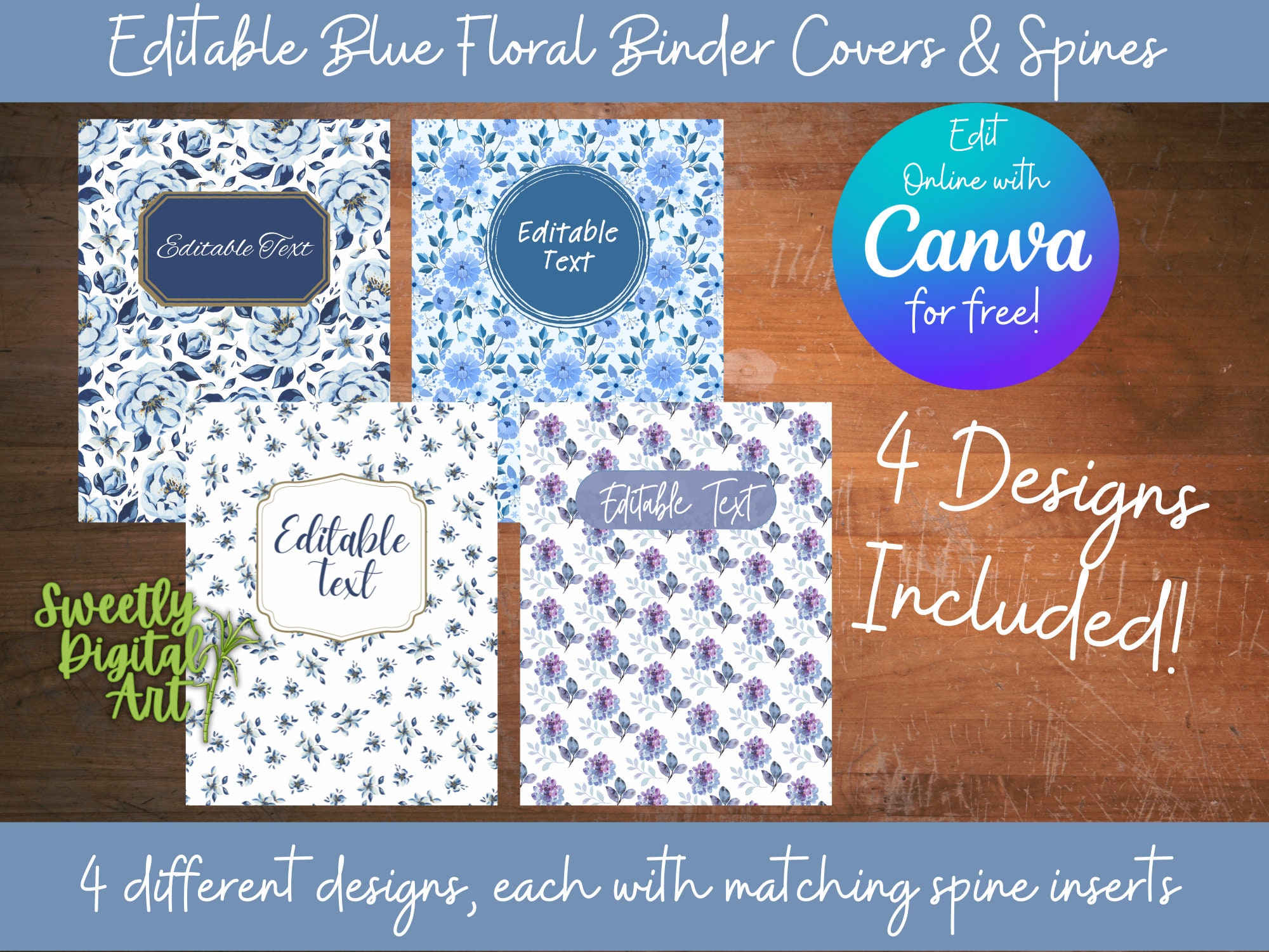 4 Custom Blue Floral Binder Cover & Spine Inserts for Teachers ...