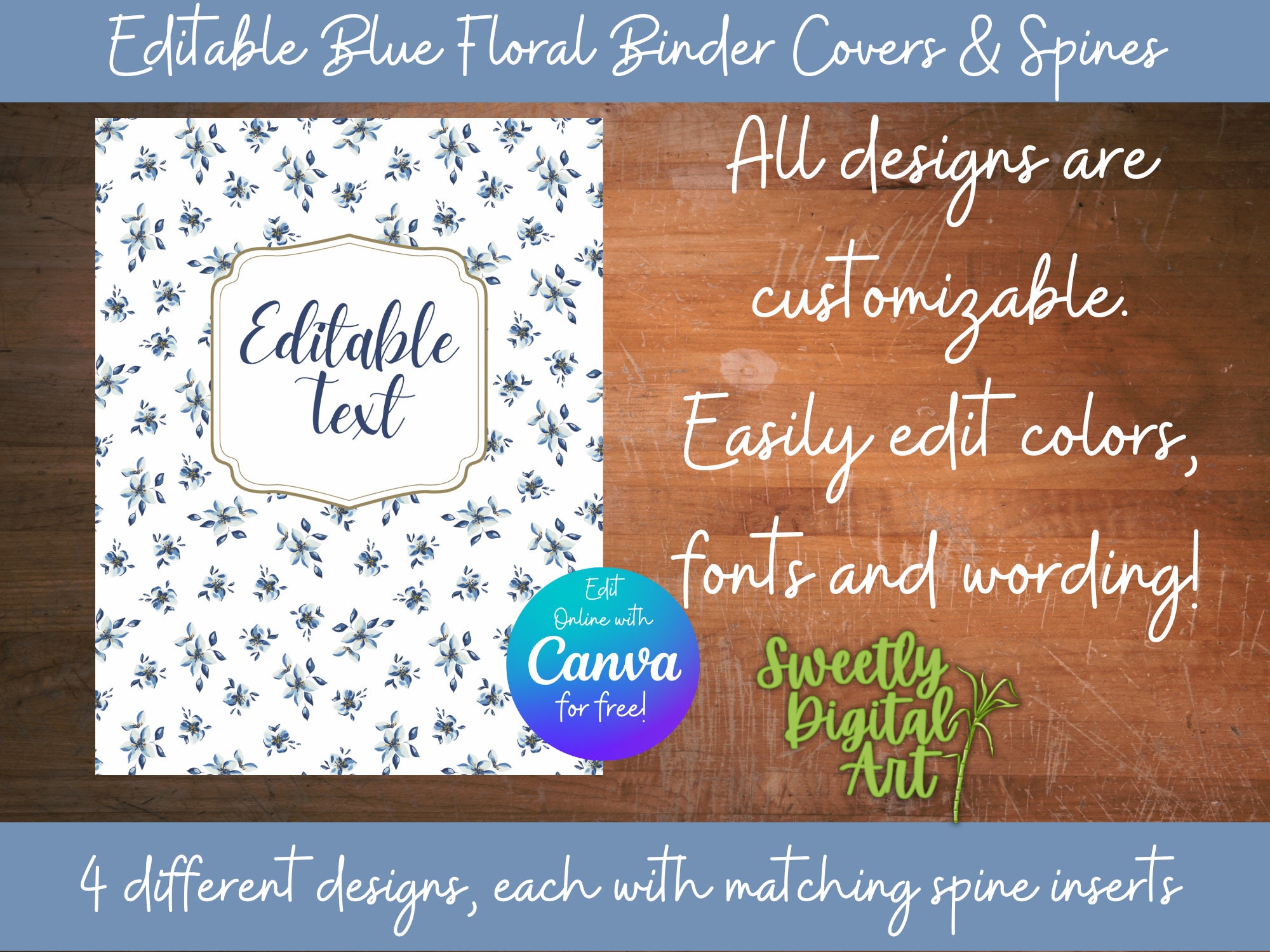 4 Custom Blue Floral Binder Cover & Spine Inserts for Teachers ...