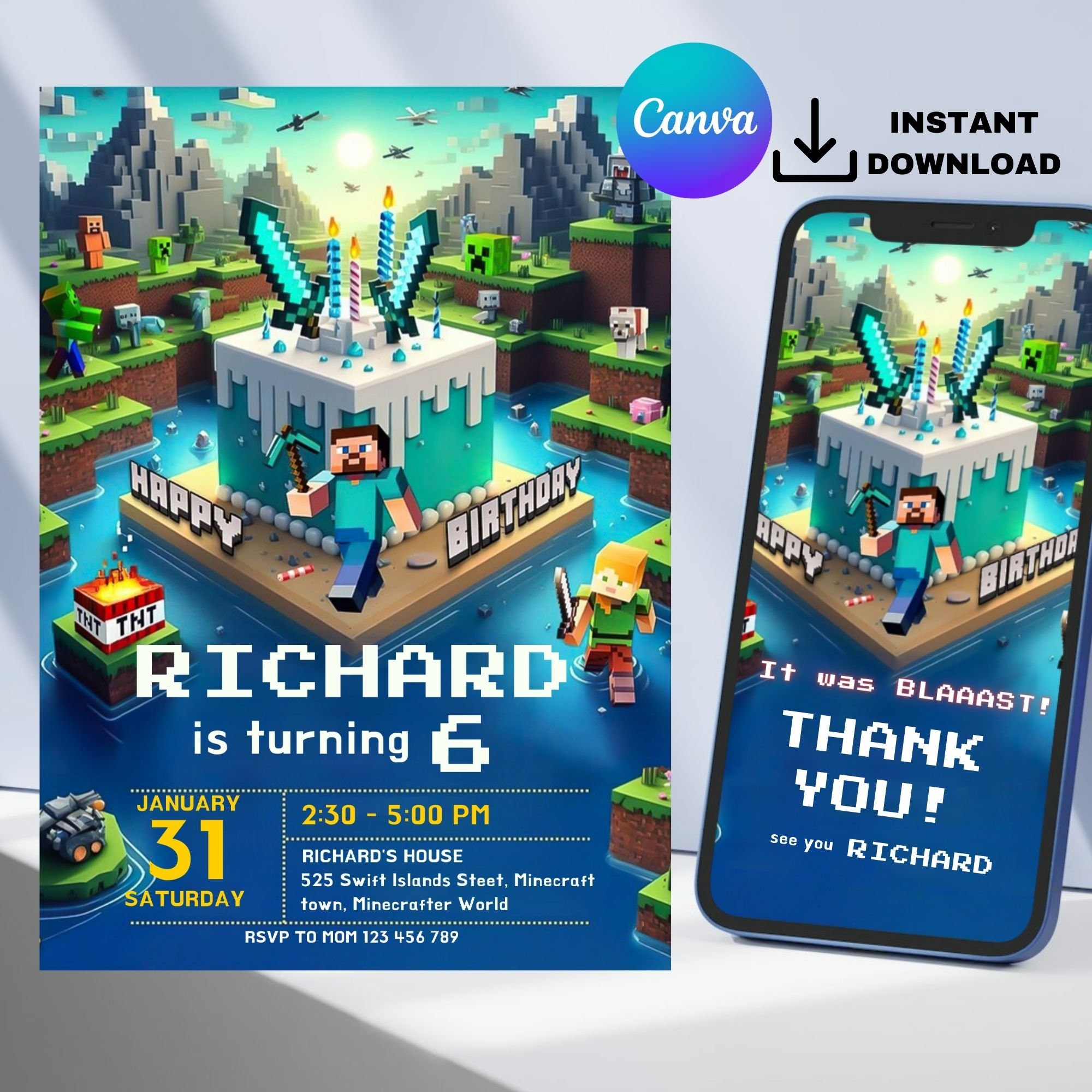 Editable Minecraft Birthday Invitation, Minecrafter Birthday ...