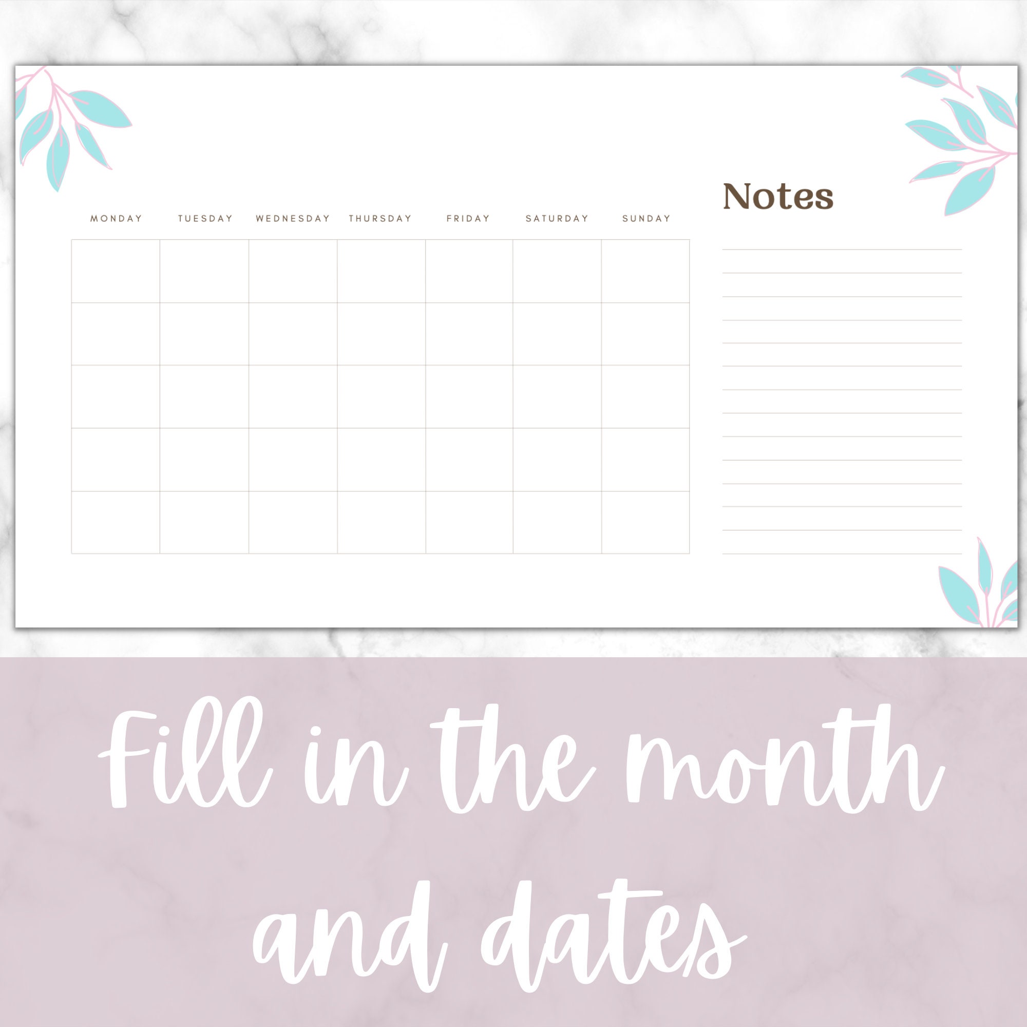 Blank Monthly Calendar Printable Landscape, Printable Calendar Template ...