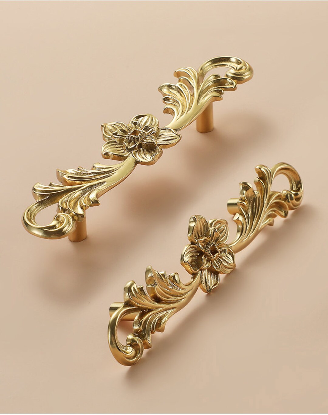 Solid Brass Flower Leaf Drawer Handles Knobs, Gold Cabinet Knobs Pulls, Dresser Cupboard ...