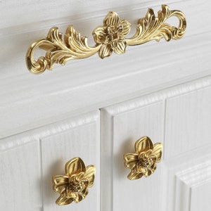Solid Brass Flower Leaf Drawer Handles Knobs, Gold Cabinet Knobs Pulls, Dresser Cupboard ...