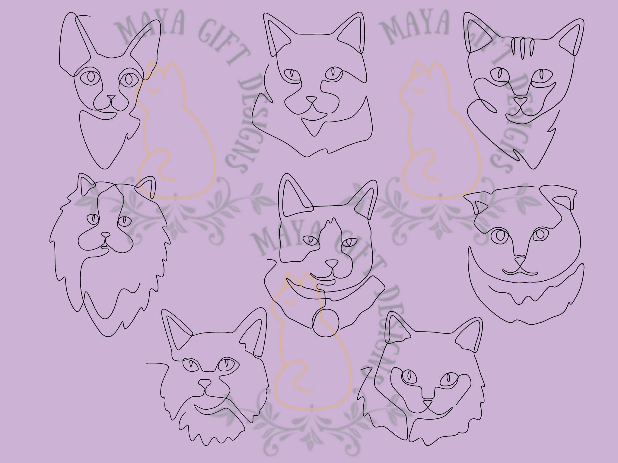 Cat Line Art Bundle Svg, Digital File, Cat Drawing Svg, Cat Lover ...