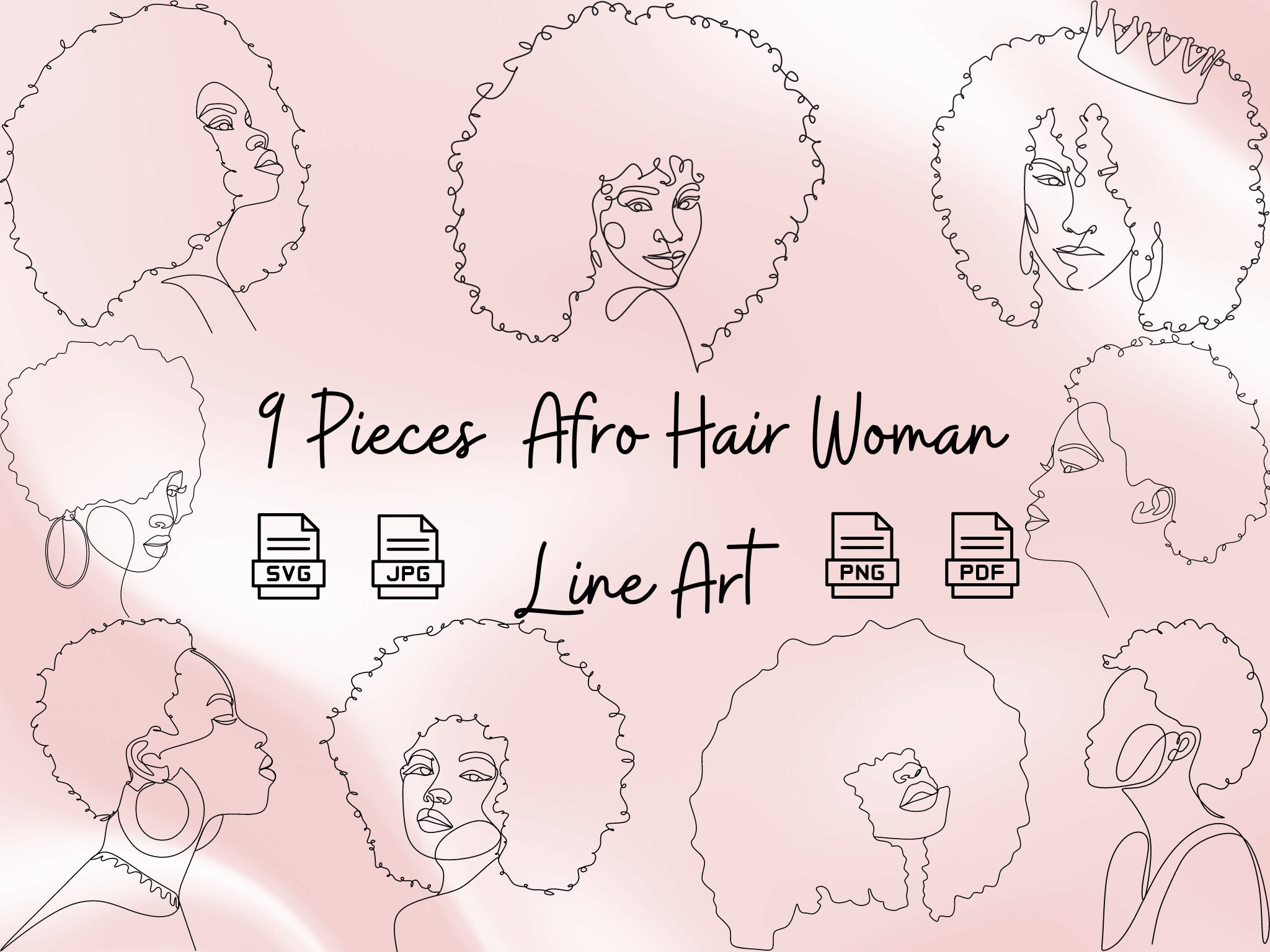 Afro Hair Woman Line Art Bundle, Digital File, Woman Drawing Svg ...