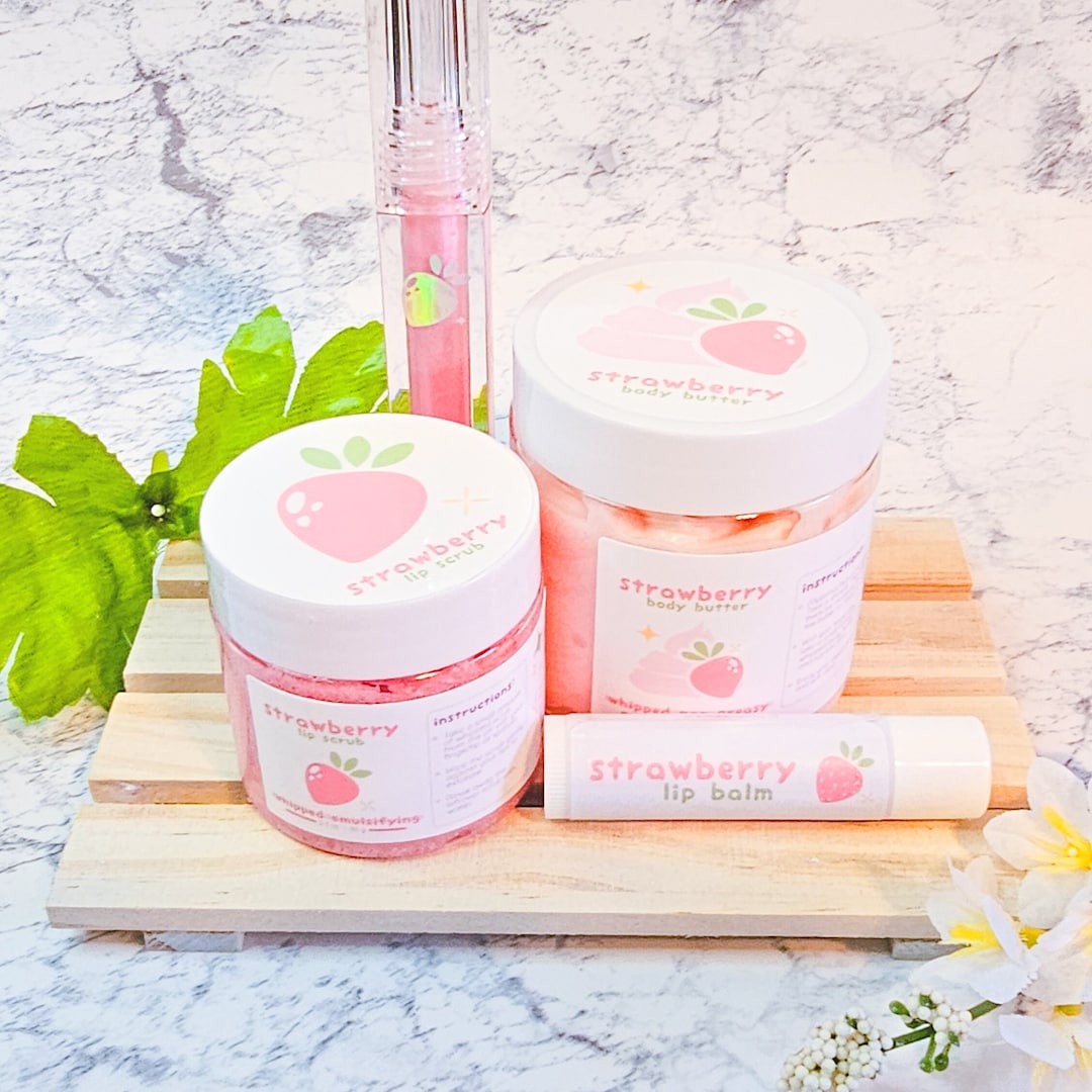 Strawberry Scented Lip Care Kit With Shea Mango Lip Balm, Lip Gloss ...