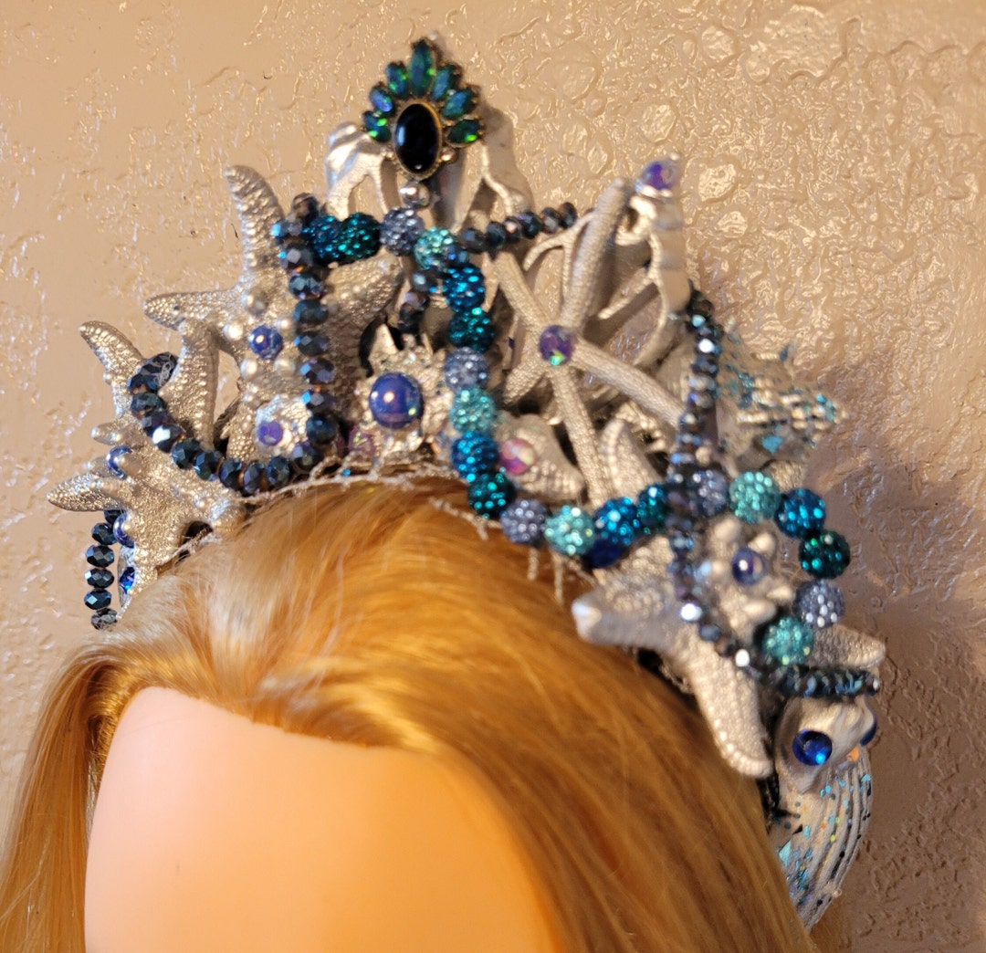 Mermaid Ashell Headpiecesilverblue Seashell Headband With Rhinestones And Bead Detail