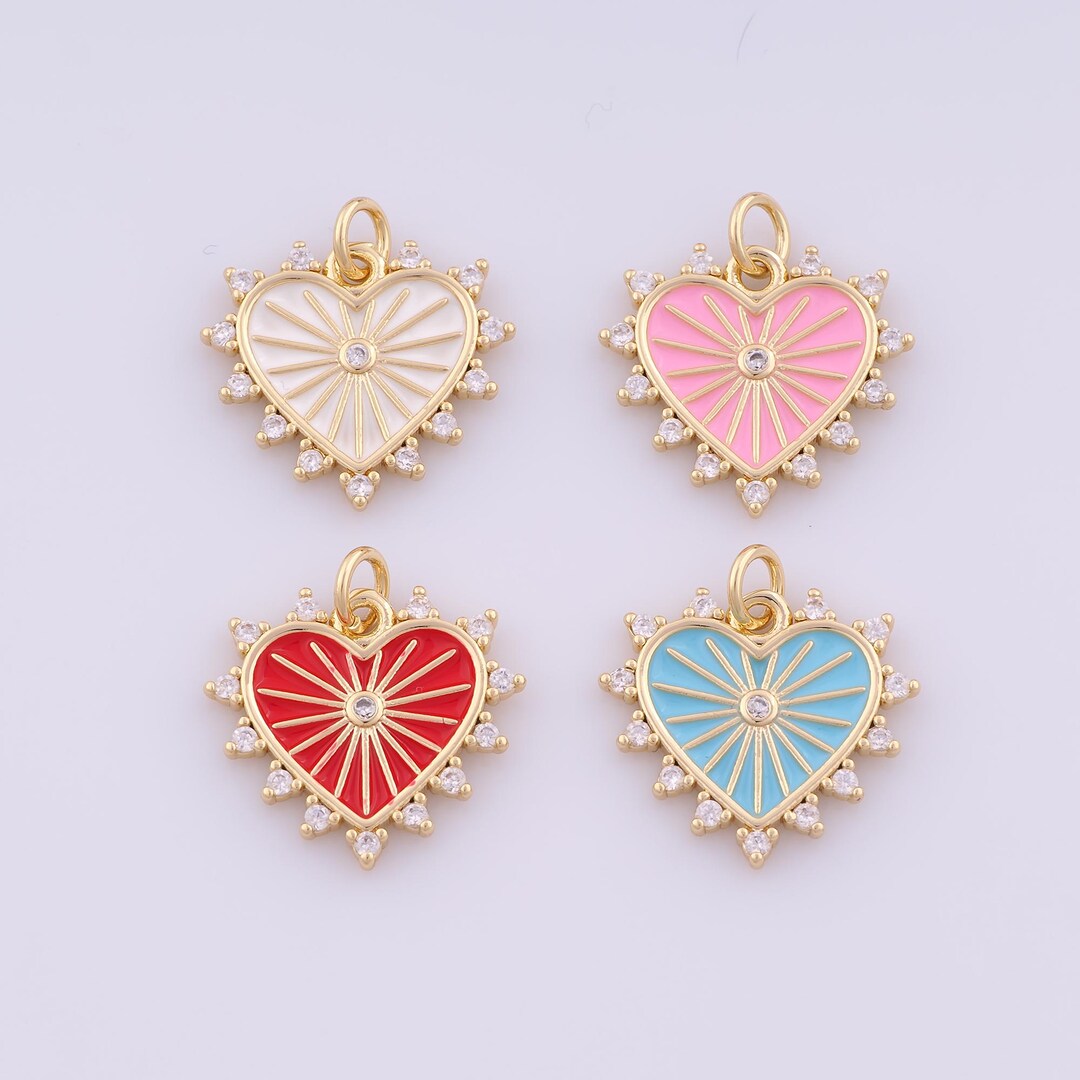 1 Pcs Gold Enamel Heart Pendant,18k Gold Filled Love Charm,cz Heart ...