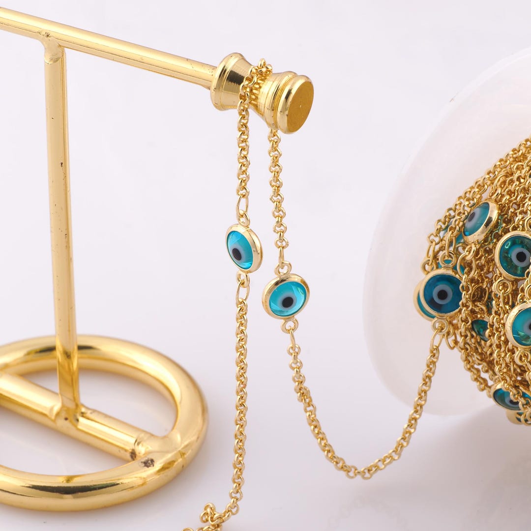 1 Meter Gold Evil Eye Chain, 18K Gold Filled Semi Finished Chain ...