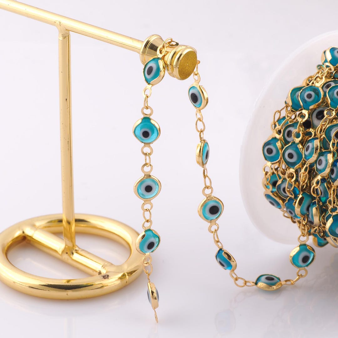 1 Meter Gold Evil Eye Chain, 18K Gold Filled Semi Finished Chain ...